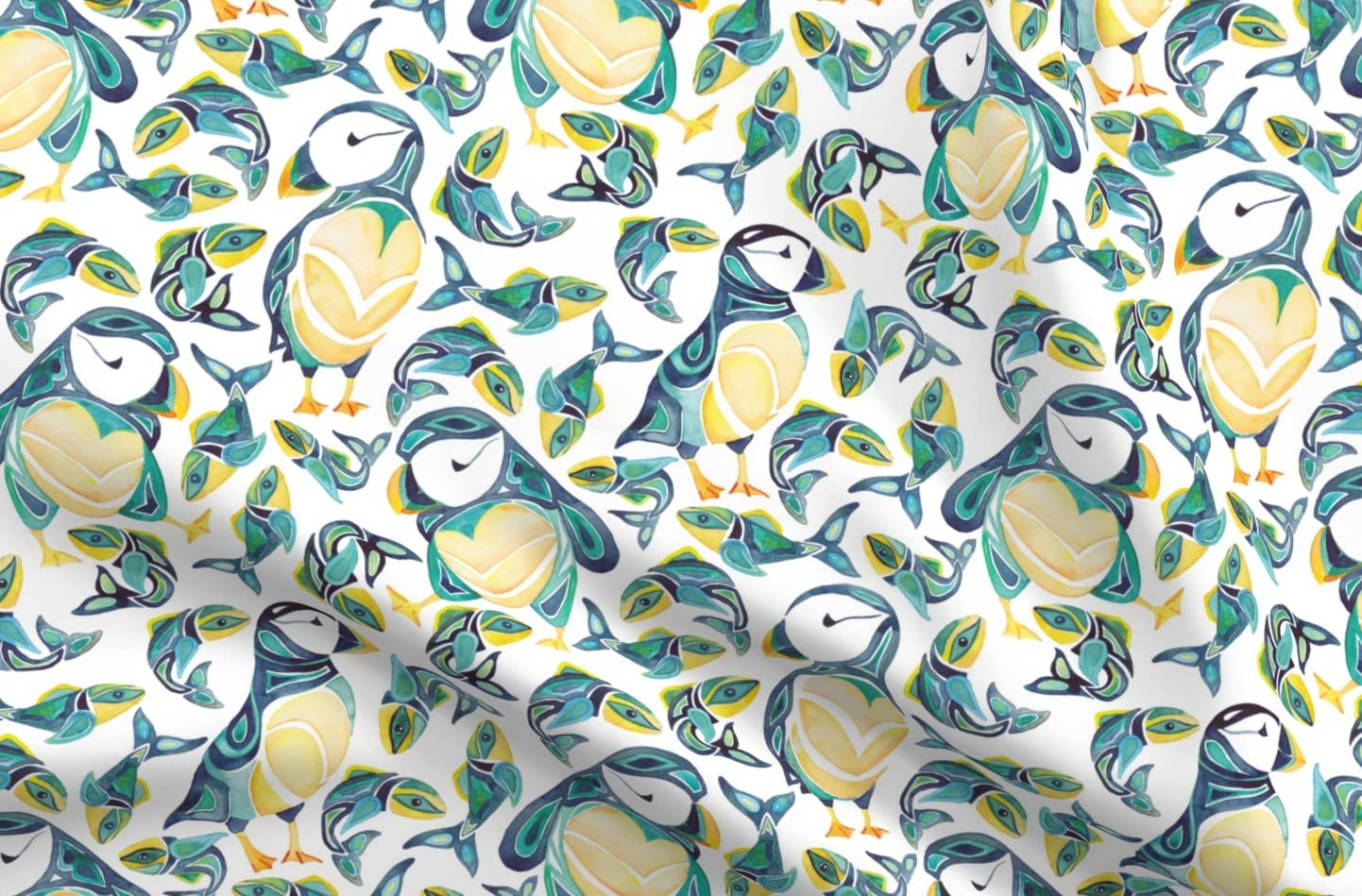 Spoonflower Fabric - Puffin Party Geometric Fish Boy Wildlife Puffins Art Tattoo Printed on Petal Signature Cotton Fabric Fat Quarter - Sewing Quilting Apparel Crafts Decor