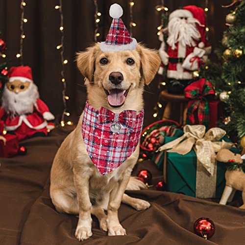 PTDECOR Christmas Dog Bandana Hat Bow, Red Plaid Dog Christmas Hat Scarf Triangle Dog Bibs Kerchief Christmas Bandanas for Small Medium Dogs Pets