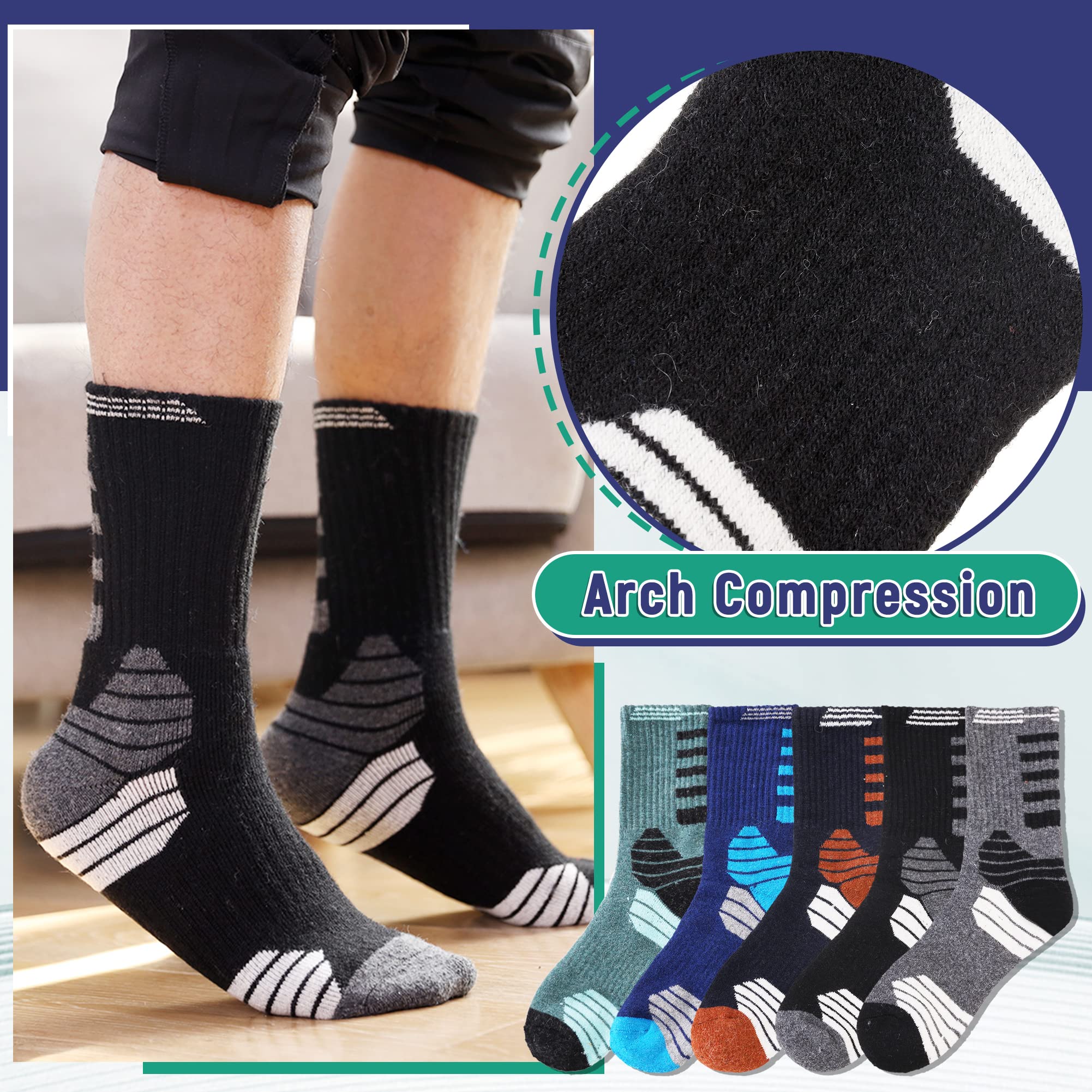 Eyean Mens Hiking Socks Merino Wool Winter Thick Thermal Warm Boot Cozy Cushion Work Socks 5 Pairs (Multicolor A)