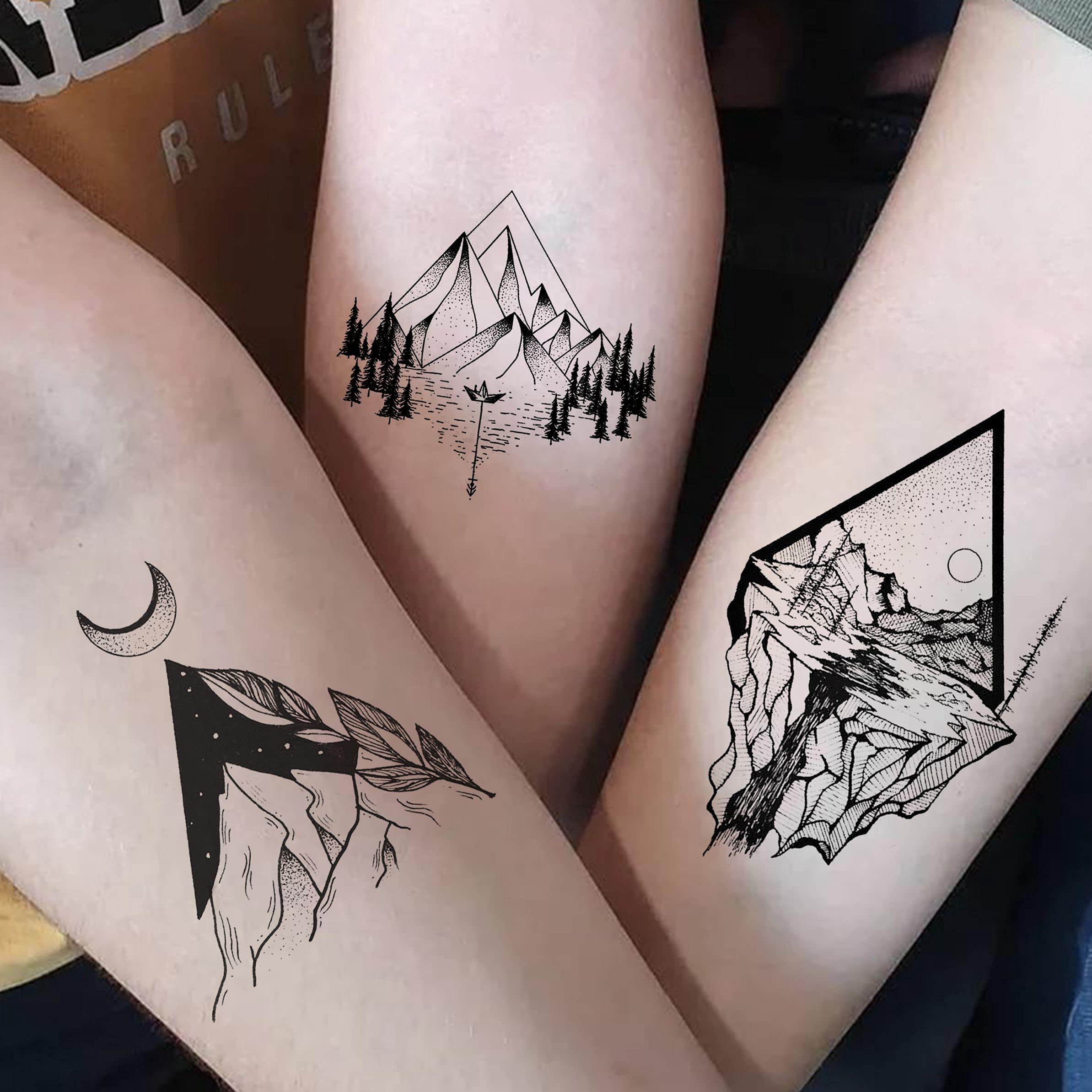 GOROMON 52 Sheets Small Black Mountain Temporary Tattoos For Men Women Adult, Geometric Sea Weave Forest Pine Tree Realistic Tattoo Sticker For Kids Children, Moon Sun Star Triangle Tatoos Outer Space