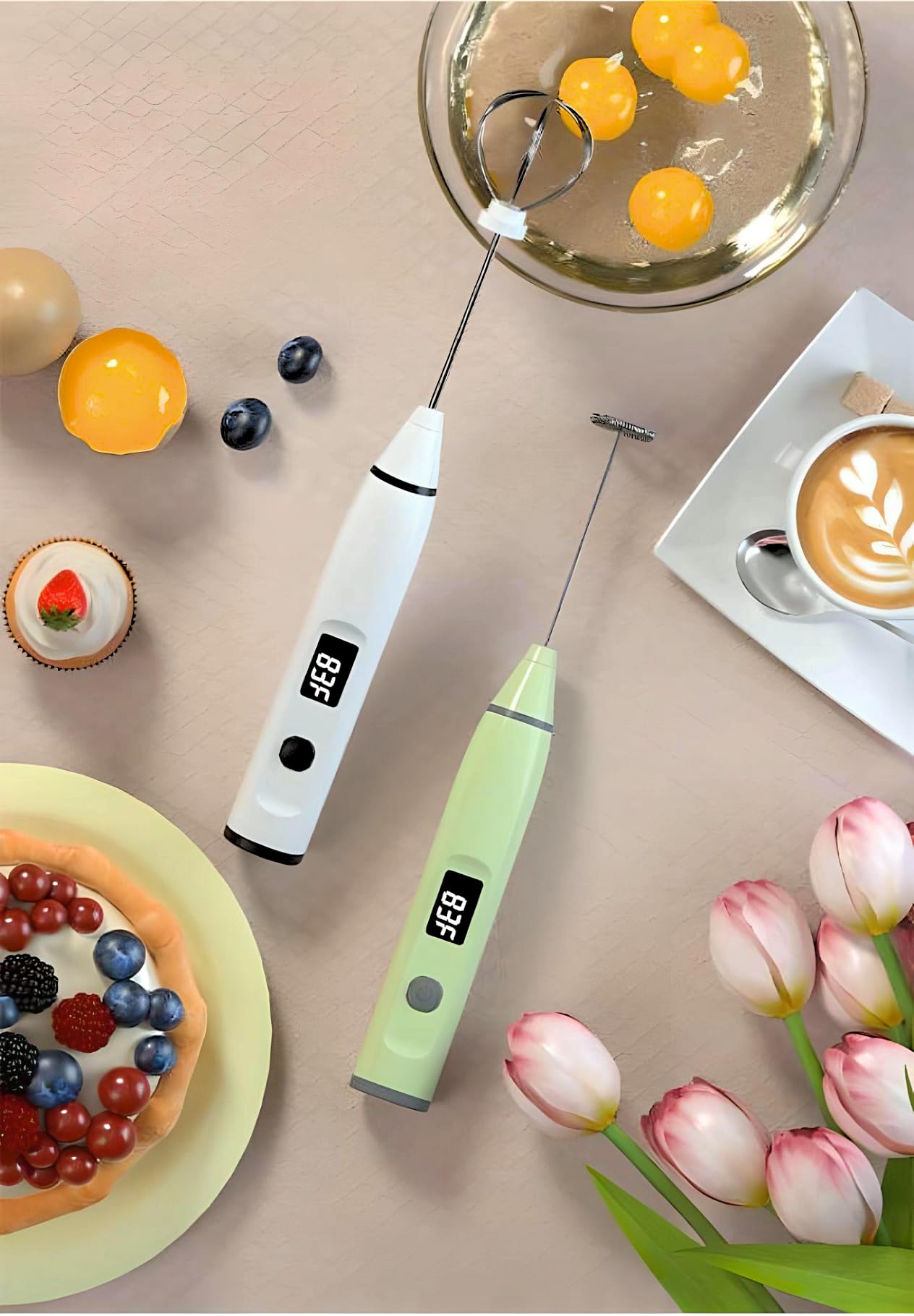 Electric Rechargeable Drink Mixer for Matcha Greens Protein Hot Chocolate drinks | Egg Beater for Baking | 3 Speed Immersion Blender (White)