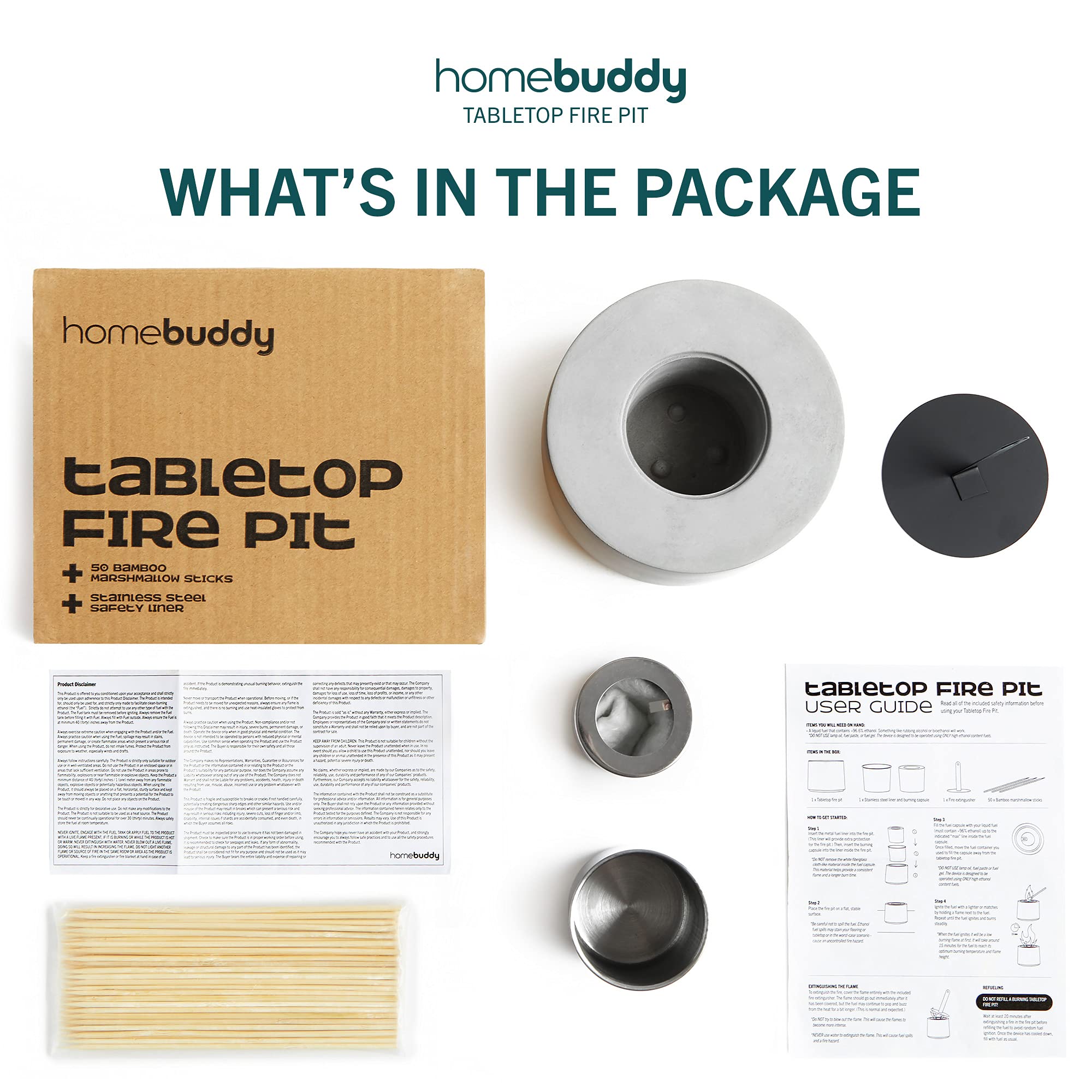 HomeBuddy Table Top Fire Pit Bowl - Tabletop Fire Pit, Long Burning Mini Fire Pit, Indoor Fireplace for Patio - Tabletop Fireplace - Fire Bowl with 50pcs. Marshmallow Sticks and Extinguisher Gray