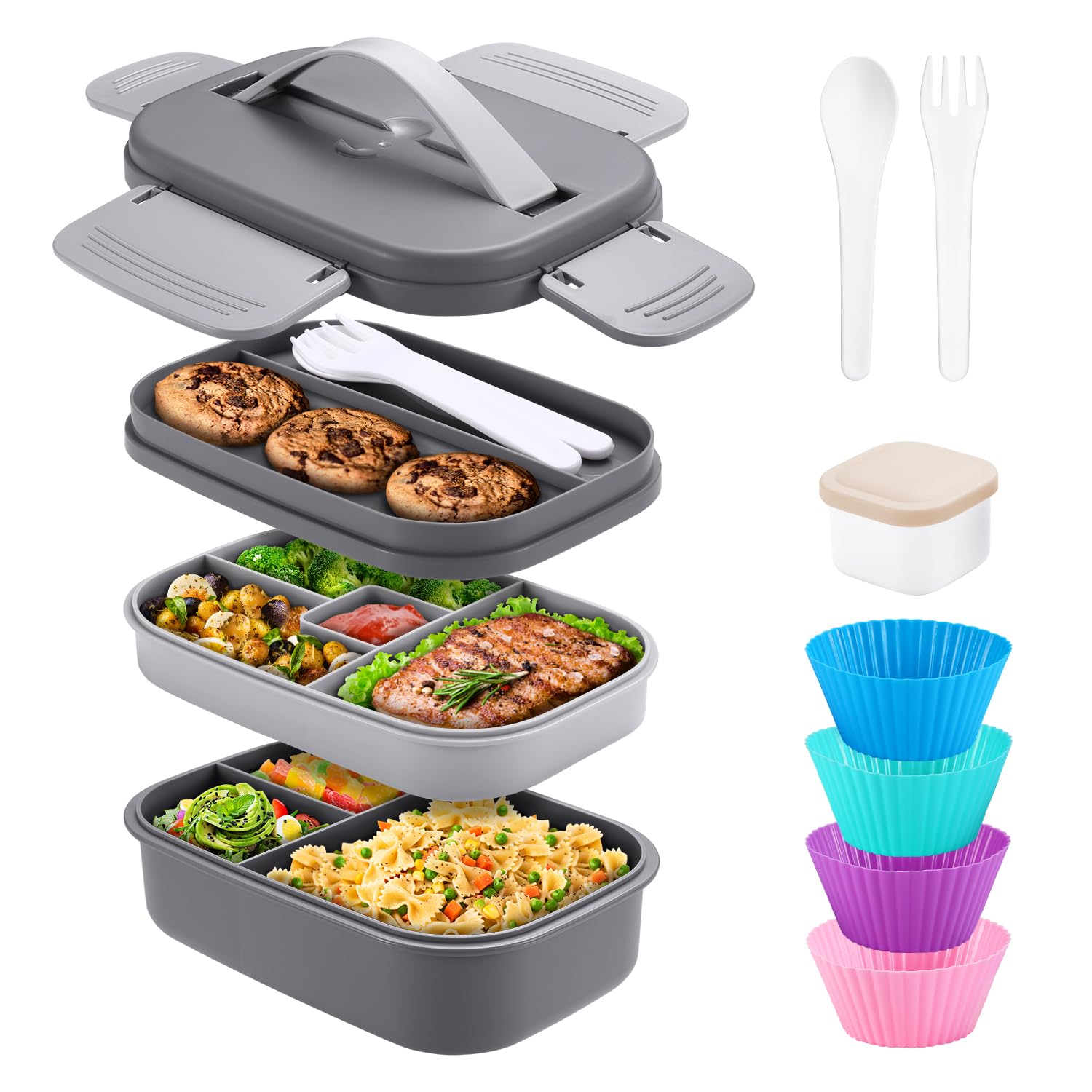 QQKO Bento Box Adult Lunch Box, 3 Stackable Bento Lunch Containers for Adults, Bento Box for Kids, 1900 ML Food Containers, Leak-Proof, Microwave, Dishwasher Safe, Green