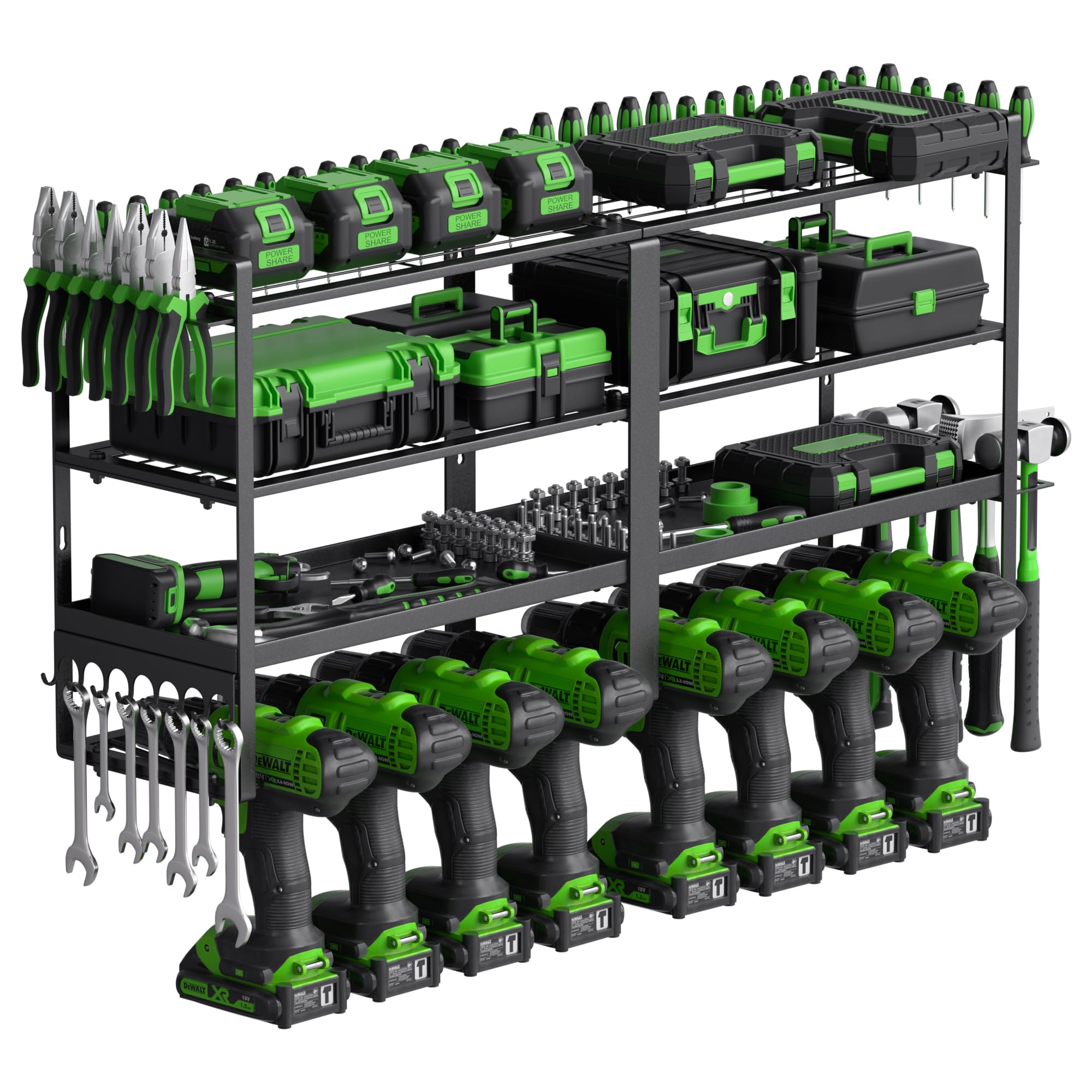 Sixfivsevn Power Tool Organizer, 8 Drill Holder Wall Mount, 4 Layers Garage Tool Organizers and Storage Rack, Heavy Duty Metal Tool Shelf with Hooks/Screwdriver Holder/Plier Holder/Hammer Holder