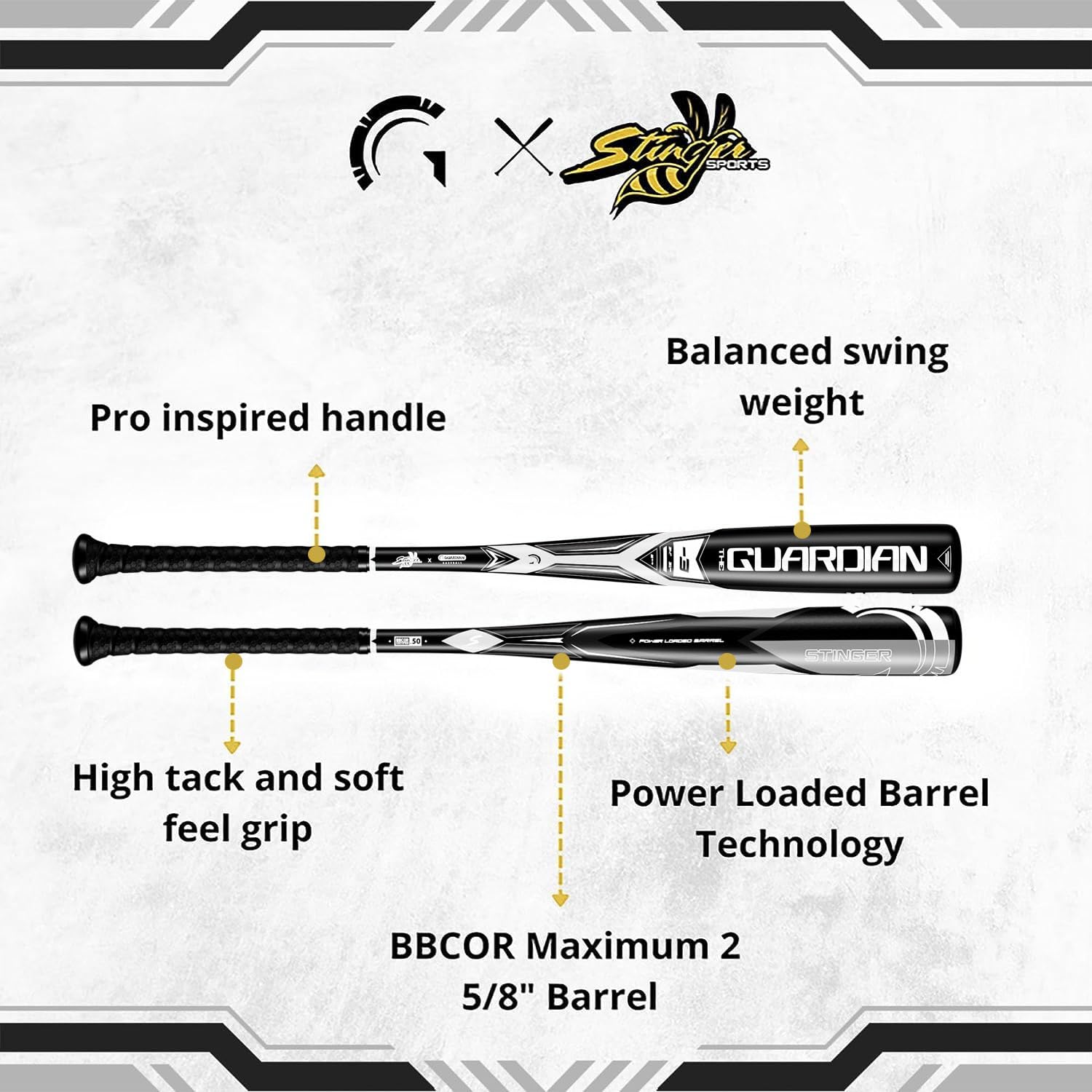 Guardian X Stinger BBCOR Baseball Bat - 3 Drop - 2 5/8" Barrel - Available in 31β to 34β - Drop 3 Baseball Bat for Middle School, High School, or College - 32" - 29 oz - Black/Gray