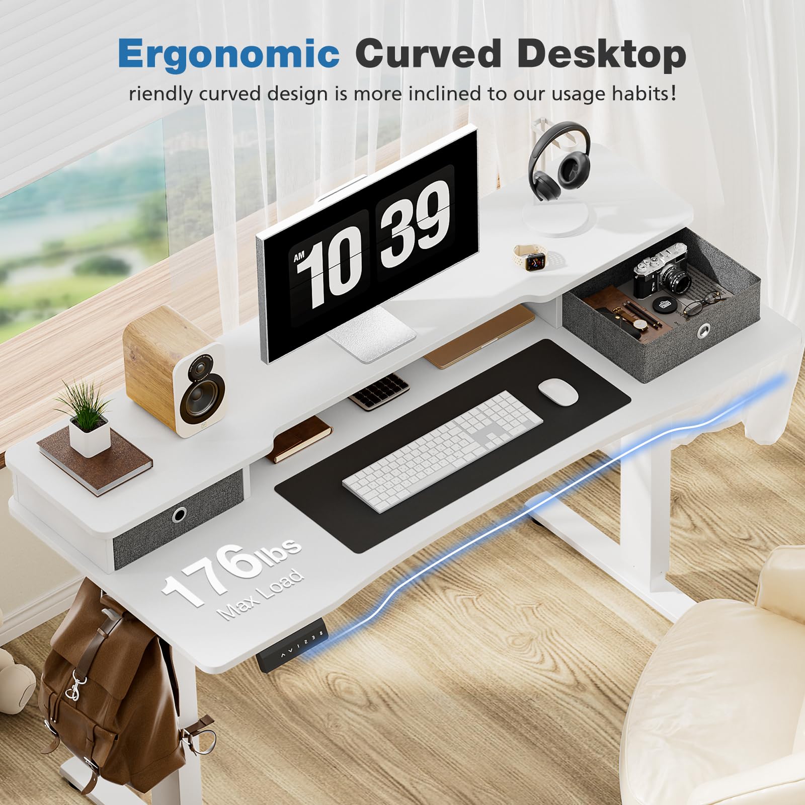 Electric Standing Desk with Double Drawer - 63 x 24 inch Adjustable Height Sit to Stand Up Desk with Storage Shelf, Rising Home Office Computer Table with Splice Board, 2 Hook and Wire Hole for Work