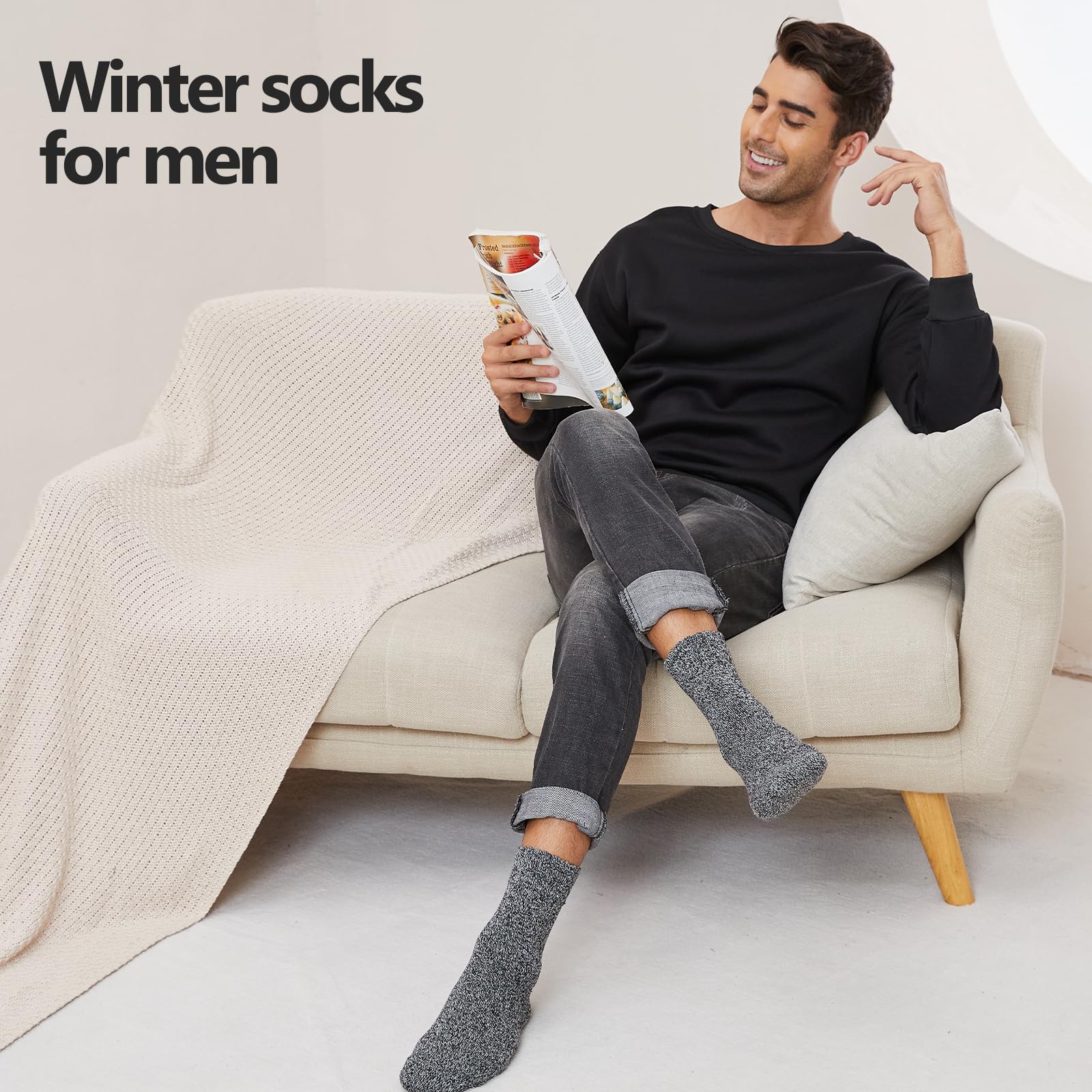 EXCELLENT THERMAL Merino Wool Socks Men, Winter Soft Thick Warm Socks for Men, Cozy Crew Hiking Socks Size 7-13(5 Pairs)