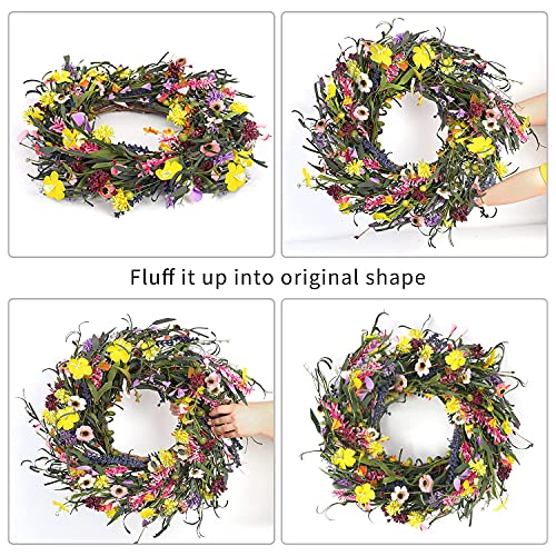 Sggvecsy Daisy and Lavender Wreath 22’’ Wildflower Spring Summer Artificial Silk Wreath for Front Door Home Wall Wedding Festival Farmhouse Holiday Decor