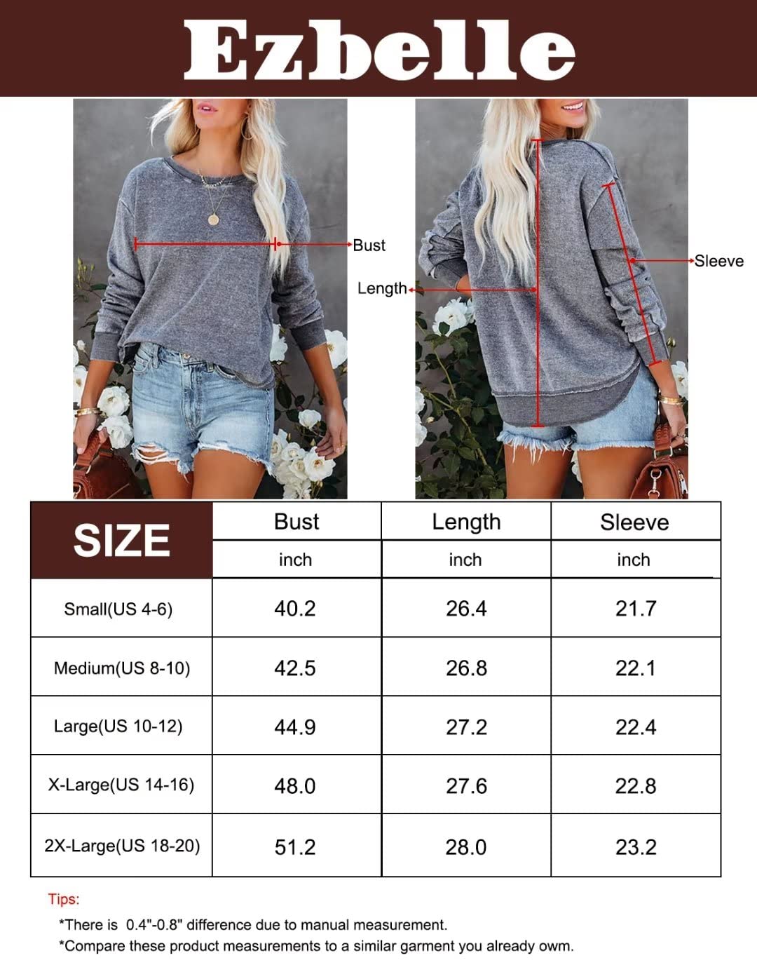 Ezbelle Womens Sweatshirts Pullover Tops Crewneck Stretchy Shirt For Leggings For Fall Winter Deep Grey Small
