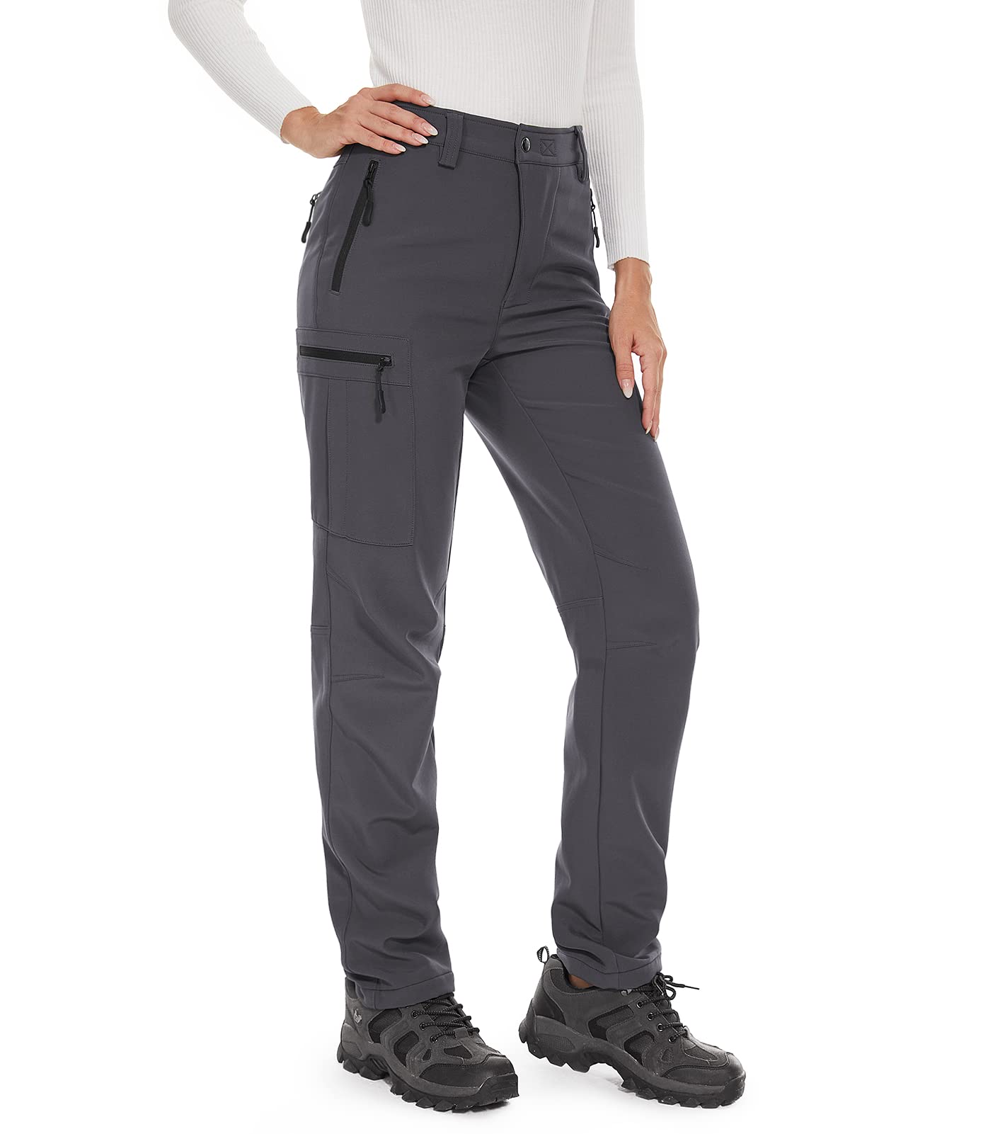 Gouxry Women's Snow Ski Pants Hiking Fleece Lined Insulated Waterproof Windproof Outdoor Cargo Snowbard Pants (Black, XL)