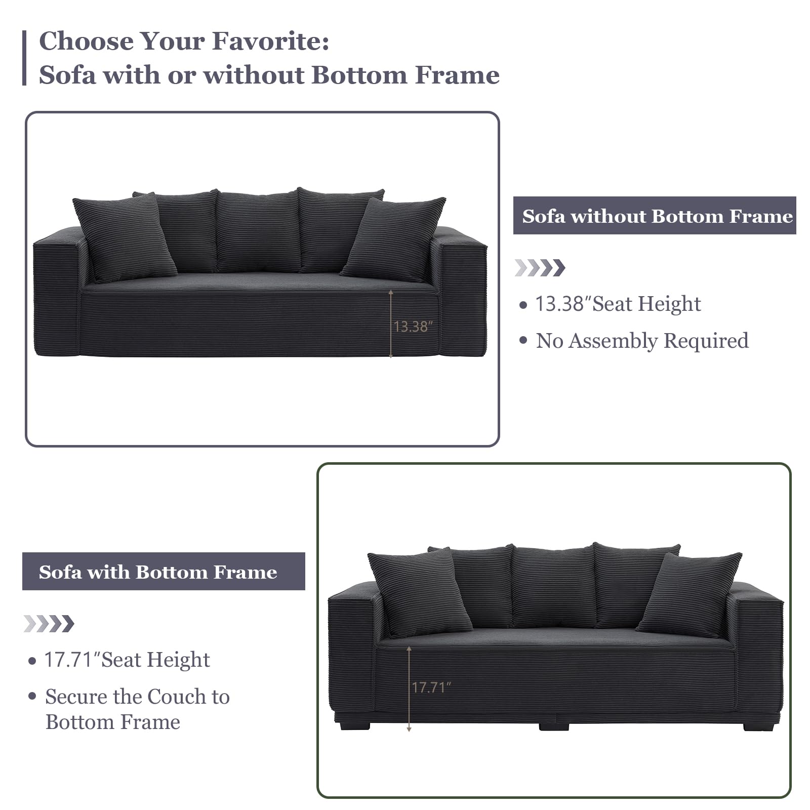 KIVENJAJA 88.97”W Corduroy Sofa Couch with 5 Pillows, Modern 3 Seater Comfy Cloud Couches for Living Room Apartment Office Small Space, No Assembly Required, Black