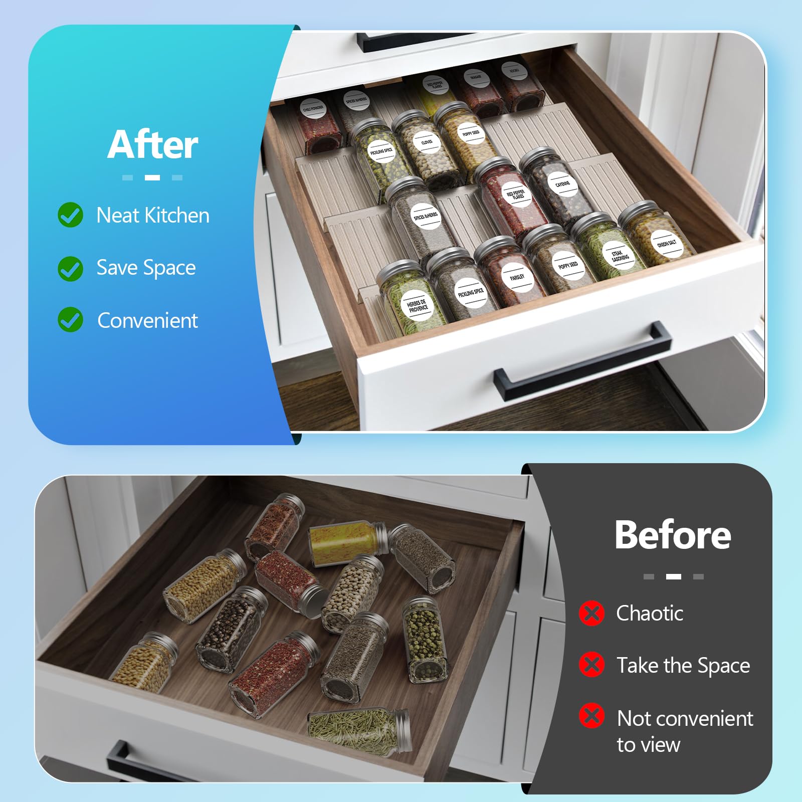 SZWQILIN Spice Drawer Organizer, Spice Rack Drawer for Kitchen,4 Tier Clear Acrylic, Expandable From 13" to 26" Spice Rack Tray for Cabinet/Countertop(4 Pcs Clear)
