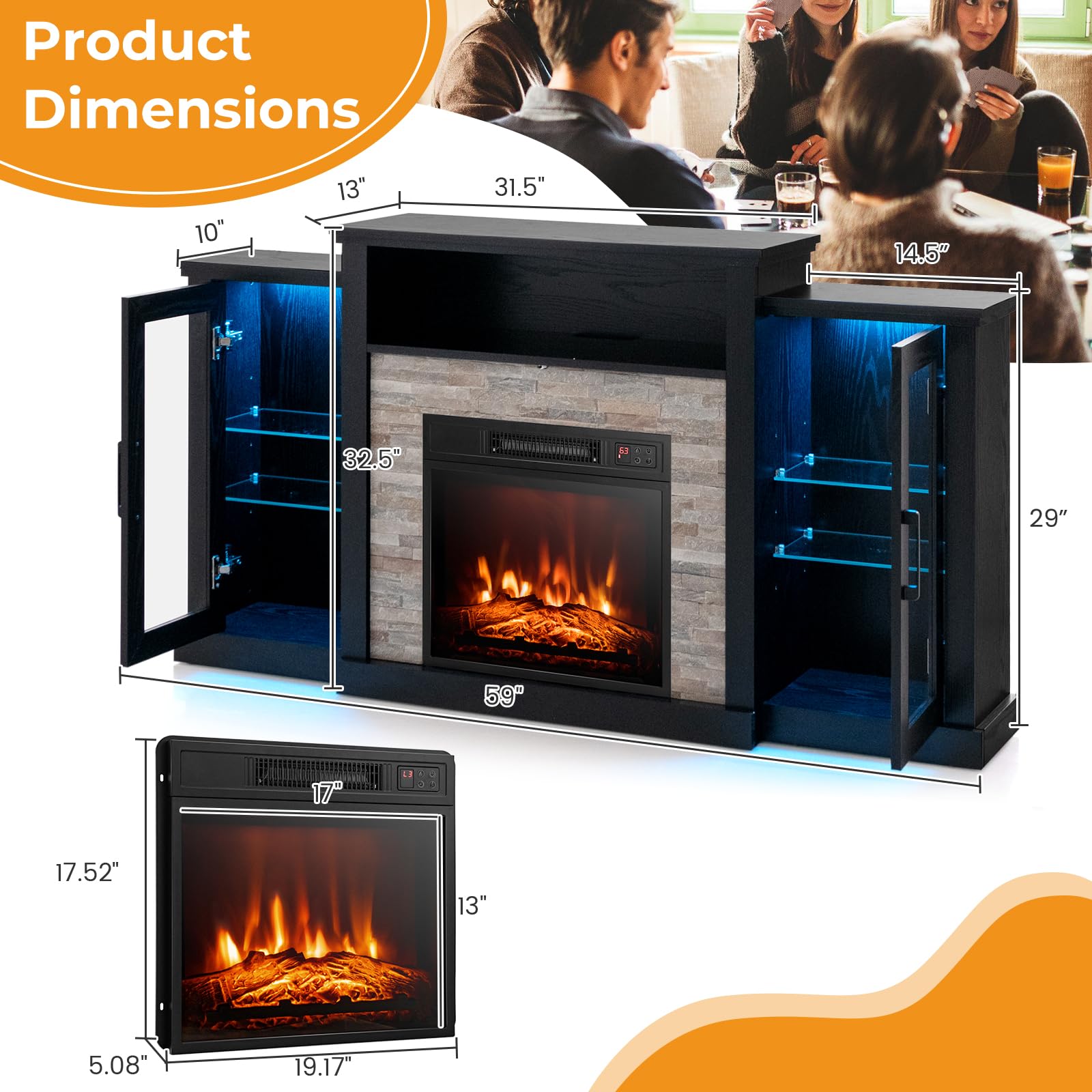 GOFLAME Fireplace TV Stand with LED Lights for TV up to 65β, Entertainment Center with 18β Electric Fireplace, Remote & APP Control, TV Console with Adjustable Glass Shelves (Black)