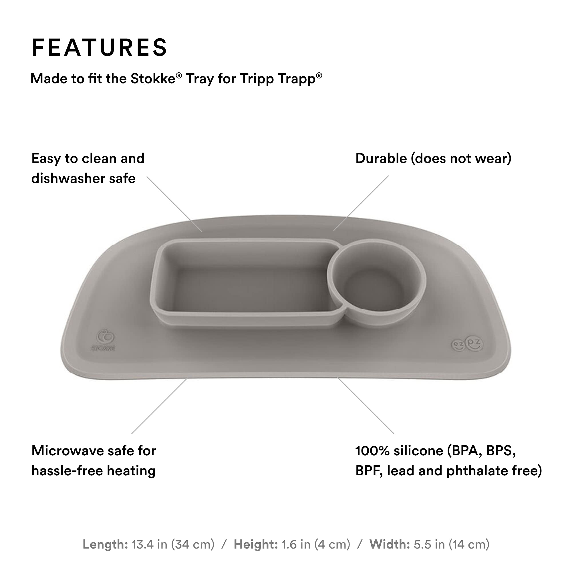 ezpz by Stokke Placemat, Soft Grey - Fits Stokke Tray for Tripp Trapp - Helps Prevent Messy Mealtimes - Durable, Convenient, Dishwasher & Microwave Safe - 100% Silicone