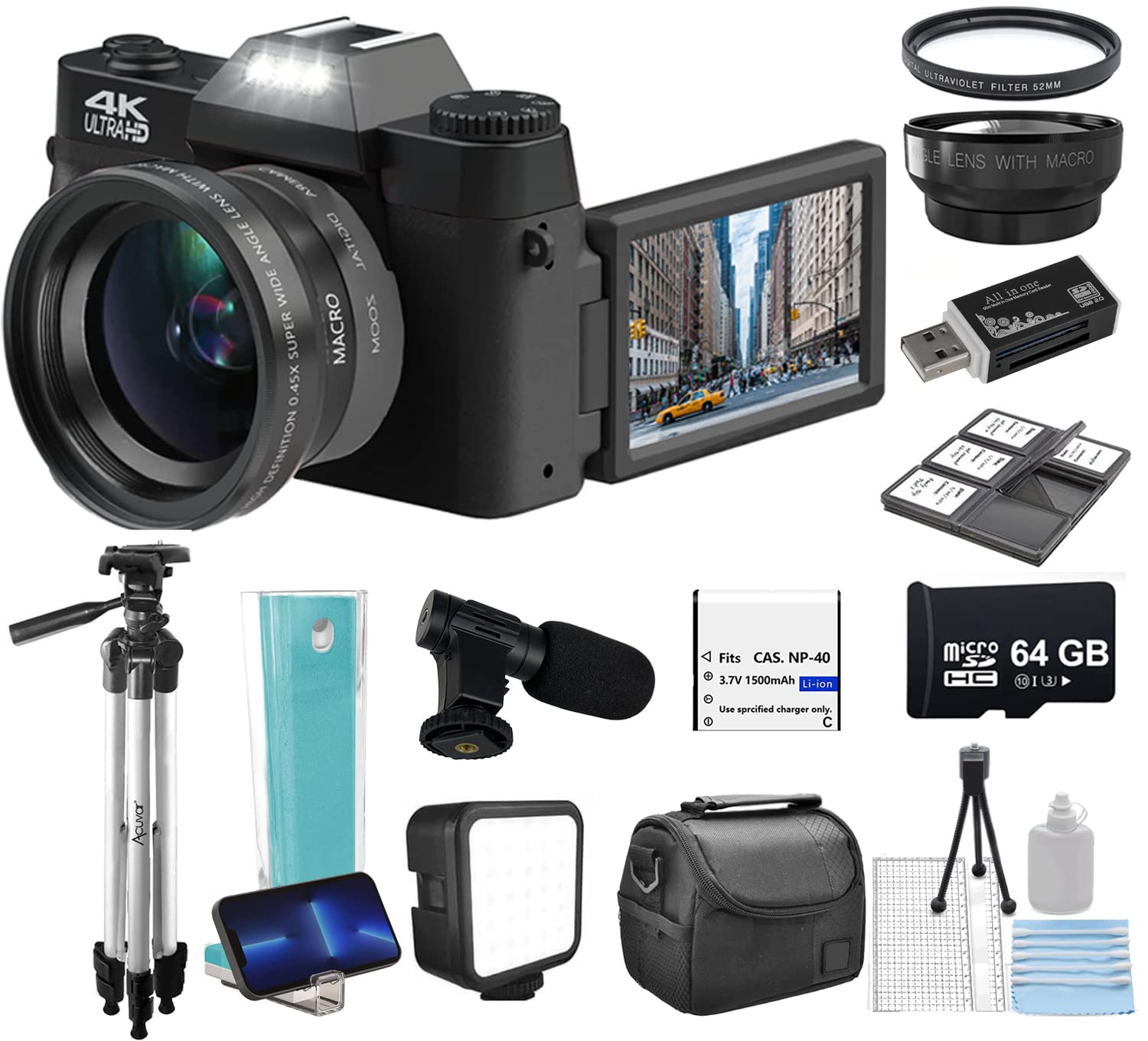eDealz 4K 48MP Digital Camera Kit for Photography, Vlogging Camera YouTube with Flip Screen, WiFi, Wide Angle & Macro Lens, 64GB Micro SD Card, 50" Tripod, Case, Card Reader, Microphone, LED (Black)