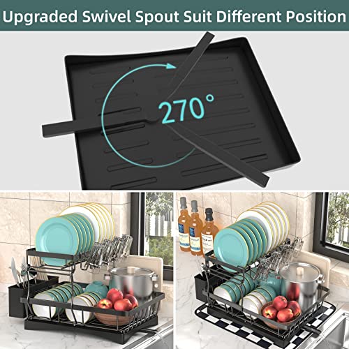 SUPPNEED Dish Drying Rack with Drainboard, 2-Tier Dish Racks for Kitchen Counter, Dish Strainers with Extra Drying Mat , Utensil Holder , Cutting Board Holder ,Wine Glass Holder, Black