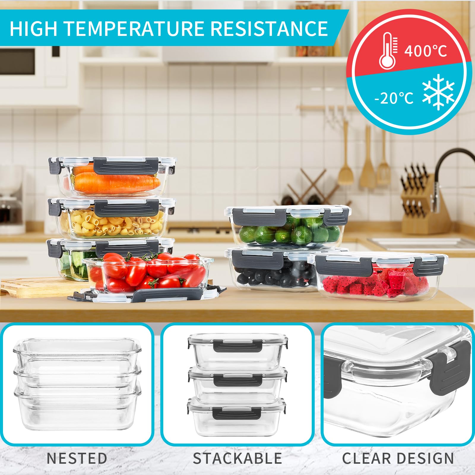Skroam 10 Pack Glass Meal Prep Containers, Glass Airtight Food Storage Containers with Lids, Pantry Kitchen Storage Containers for Lunch, Food Storage, Meal Prep, Glass Lunch Bento Boxes - 22 OZ