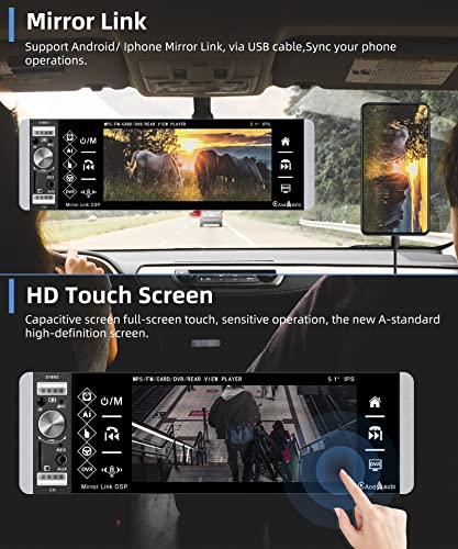 Single Din Car Stereo Support Apple Carplay Android Auto, Podofo 5.1'' IPS Touchscreen Car Radio Video Music Player Bluetooth Audio AUX/USB/FM Voice Assistant Steering Wheel Control Backup Camera