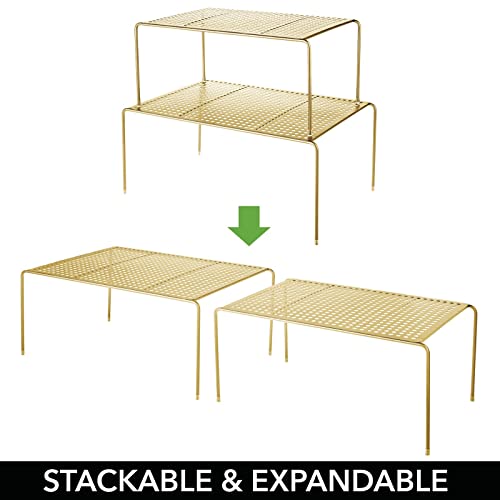 mDesign Adjustable Raised Metal 4-Piece Kitchen Stacking Organizer, Expanding Storage Rack - Cupboard, Pantry Shelf, Non-Skid Feet, Hold Dishes, Bowls, Mugs, Concerto Collection, 2 Pack, Soft Brass