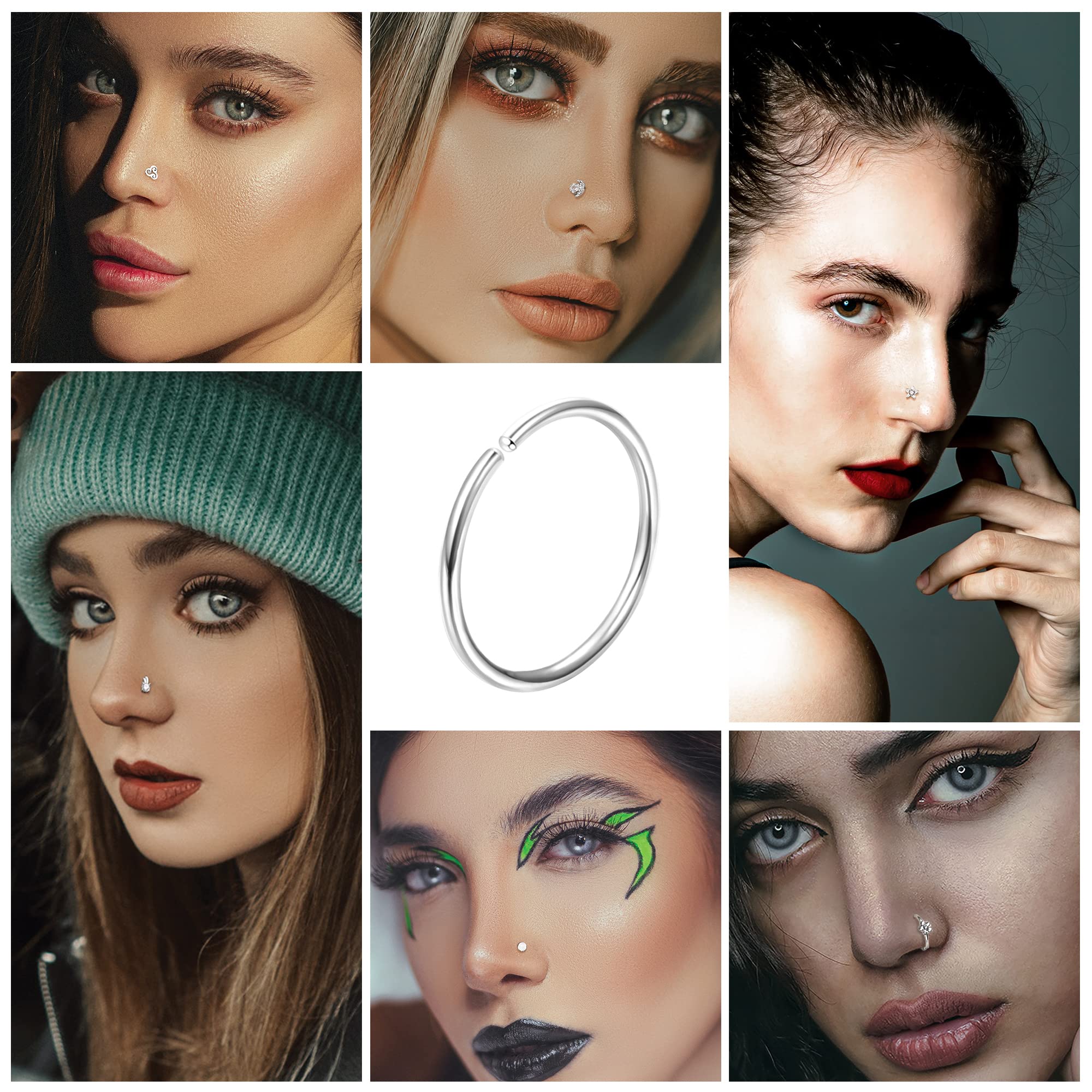 FIBO STEEL Nose Rings 20G Nose Rings Hoops Studs for Women Surgical Steel Nose Piercings Set L Bone Screws Shaped Silver-tone