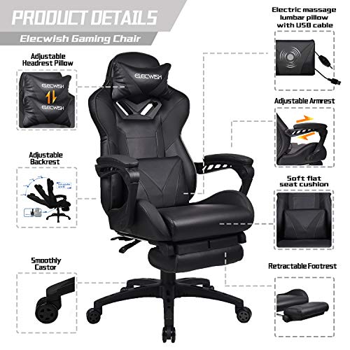 ELECWISH Ergonomic Swivel Video Game Chairs High-Back Office Chair w/PU Leather and Adjustable Armrests (Black)