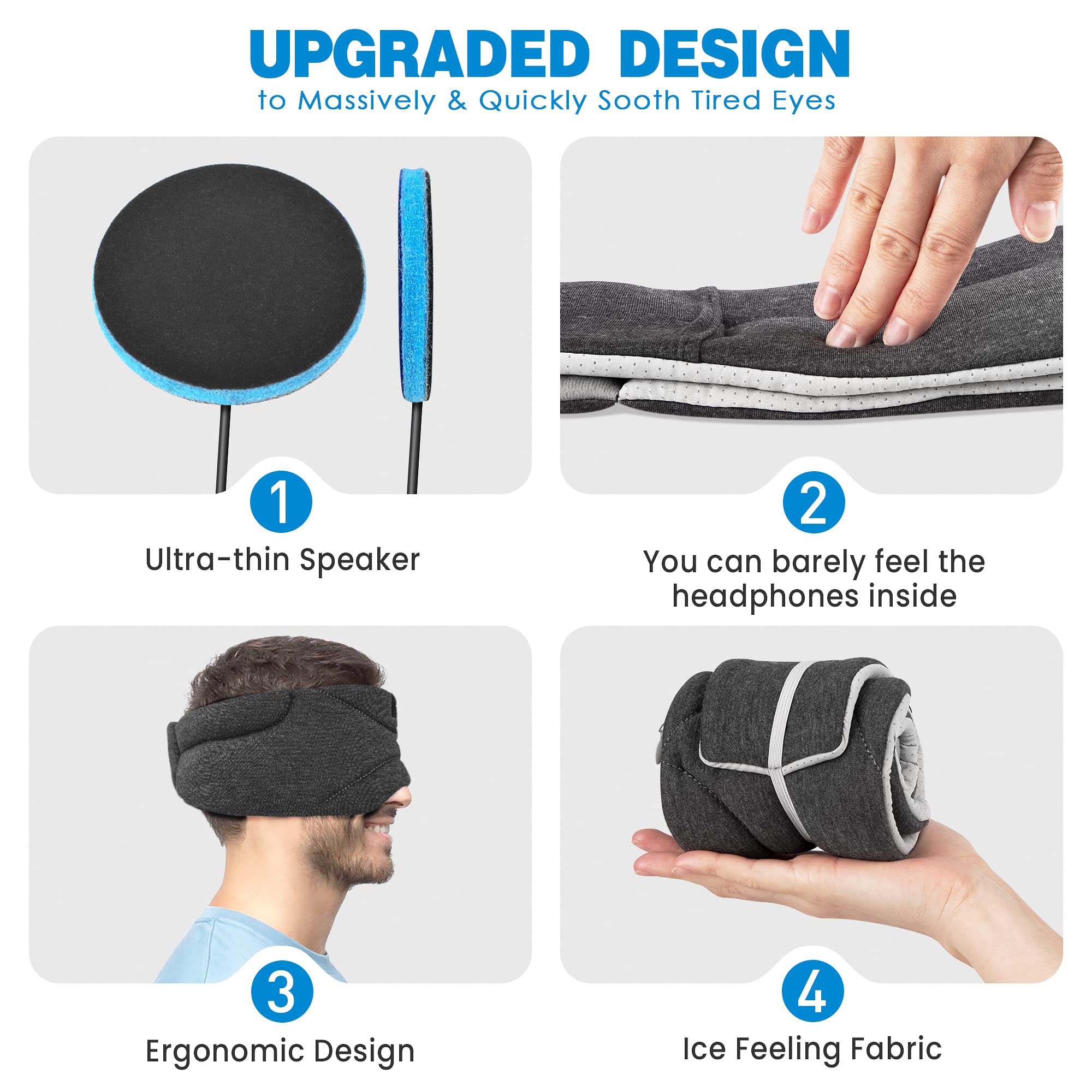 Flashmen Bluetooth Sleep Mask with White Noise Blackout Light Ice-Feeling Extra Soft Modal Lining Sleep Eye Mask Ultra-Thin Sleeping Headphones (Gray)