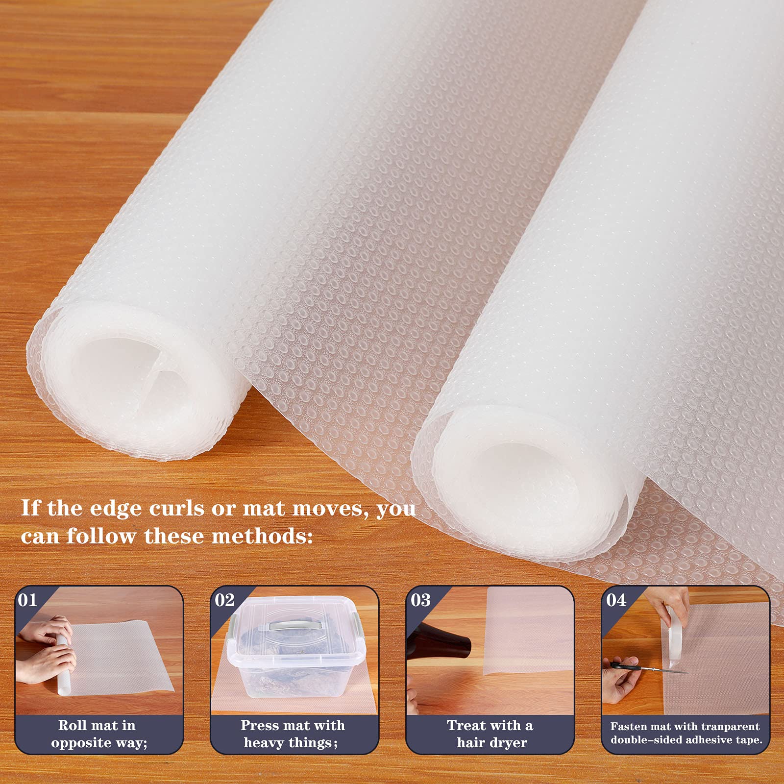 Hersvin Shelf Liners, 23.6x196.9 Inch EVA Non-Adhesive Drawer Mats, Cupboard Pad, Kitchen Cabinet Lining Fridge Cushion for Home Office (Clear/Dot, 60x500cm)