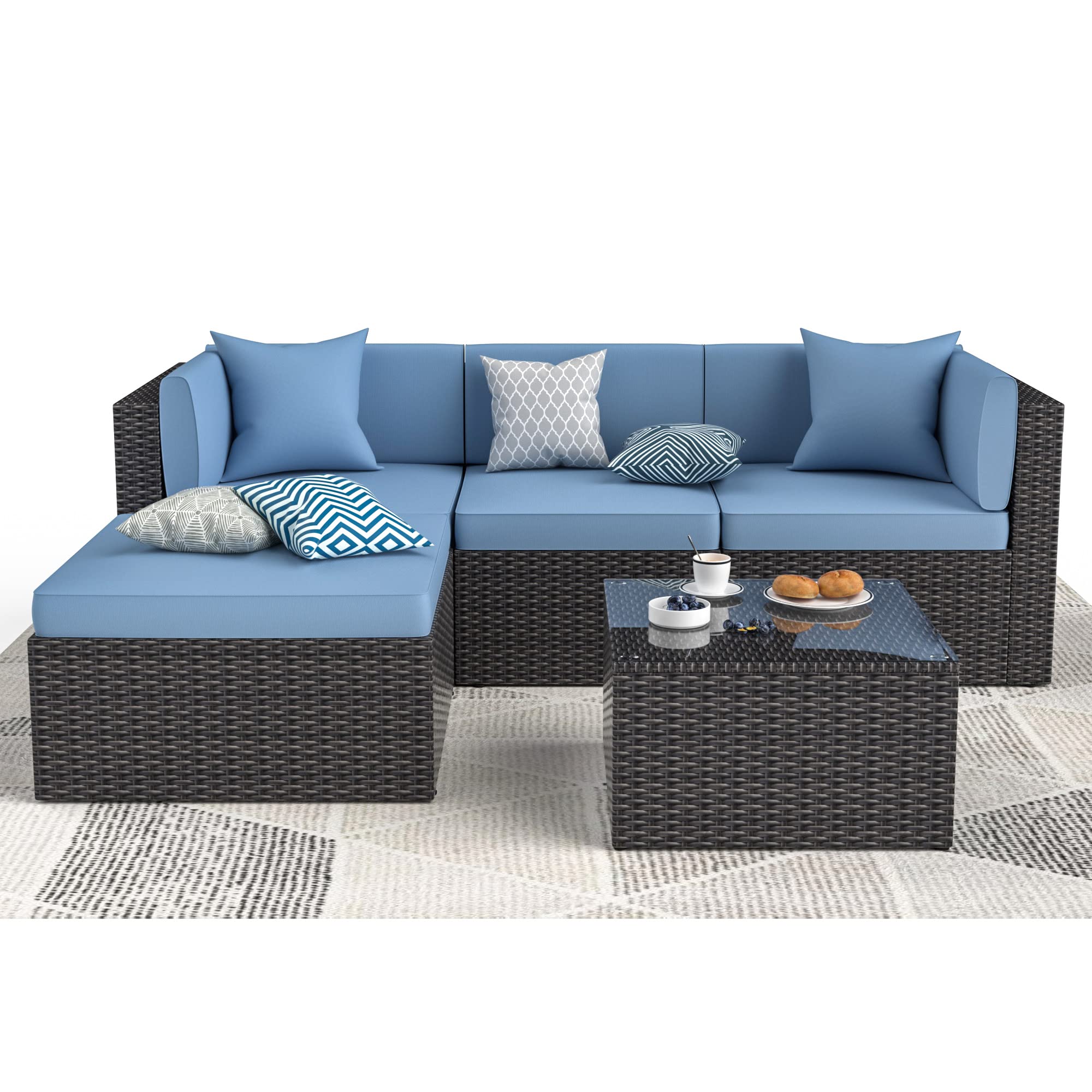 ECOLINEAR 5PCS Outdoor Patio Furniture Set Wicker Sectional Sofa w/Blue Seat & Back Cushions and Throw Pillows, Black Conversation Set