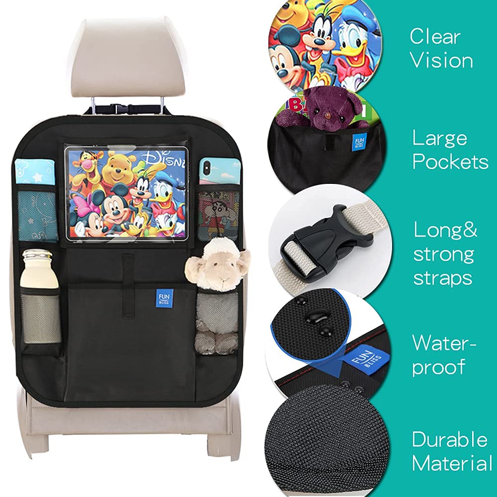 Funbliss Car Backseat Organizer -Kick Mat Seat Protector,Suitable for Mini IPad,7.9 Screen,Premium 600D Oxford Waterproof Fabric，2 Pack Black