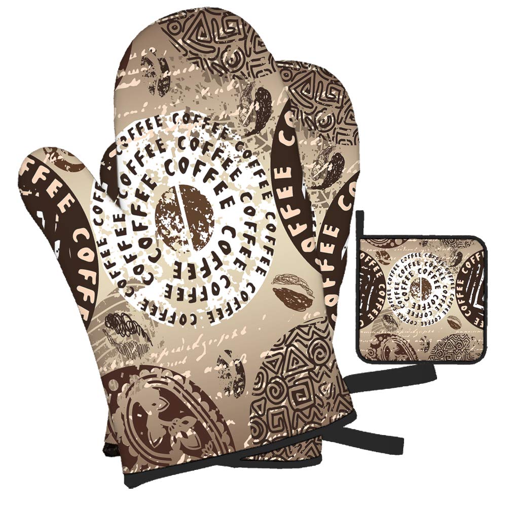 HGOD DESIGNS Coffee Beans Oven Mitts and Pot Holders Sets,Abstract Grunge Coffee Circle Post Design Kitchen Cooking Gloves Heat Resistant Baking for BBQ Grilling
