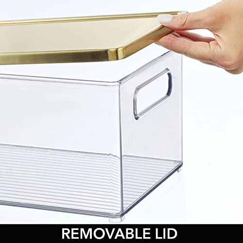 mDesign Plastic Kitchen Storage Bin - Stackable Fridge, Pantry Cabinet, Freezer Organizer - Food Storage Bin Box w/Handles, Steel Lid - 15" Long - Ligne Collection - 2 Pack - Clear/Soft Brass