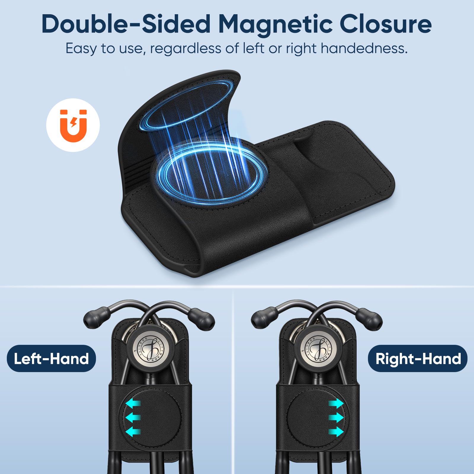 SKYREH Stethoscope Holder Clip, Magnetic Premium PU Leather Stethoscope Hip Holder Lightweight Portable Holster for Physicians, Nurses, EMT, Medical Students, for 3M Littmann & Most Stethoscope, Black