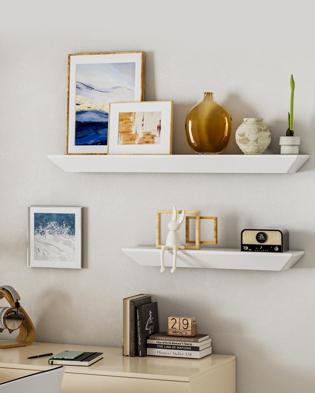 QueenFun 36 Inch White Floating Shelves, 6'' Deep Large White Floating Shelves for Wall, Easy Hanging Wall Shelves for Bedroom Living Room Bathroom Nursery, 2-Pack Crown Molding Decorative Shelves