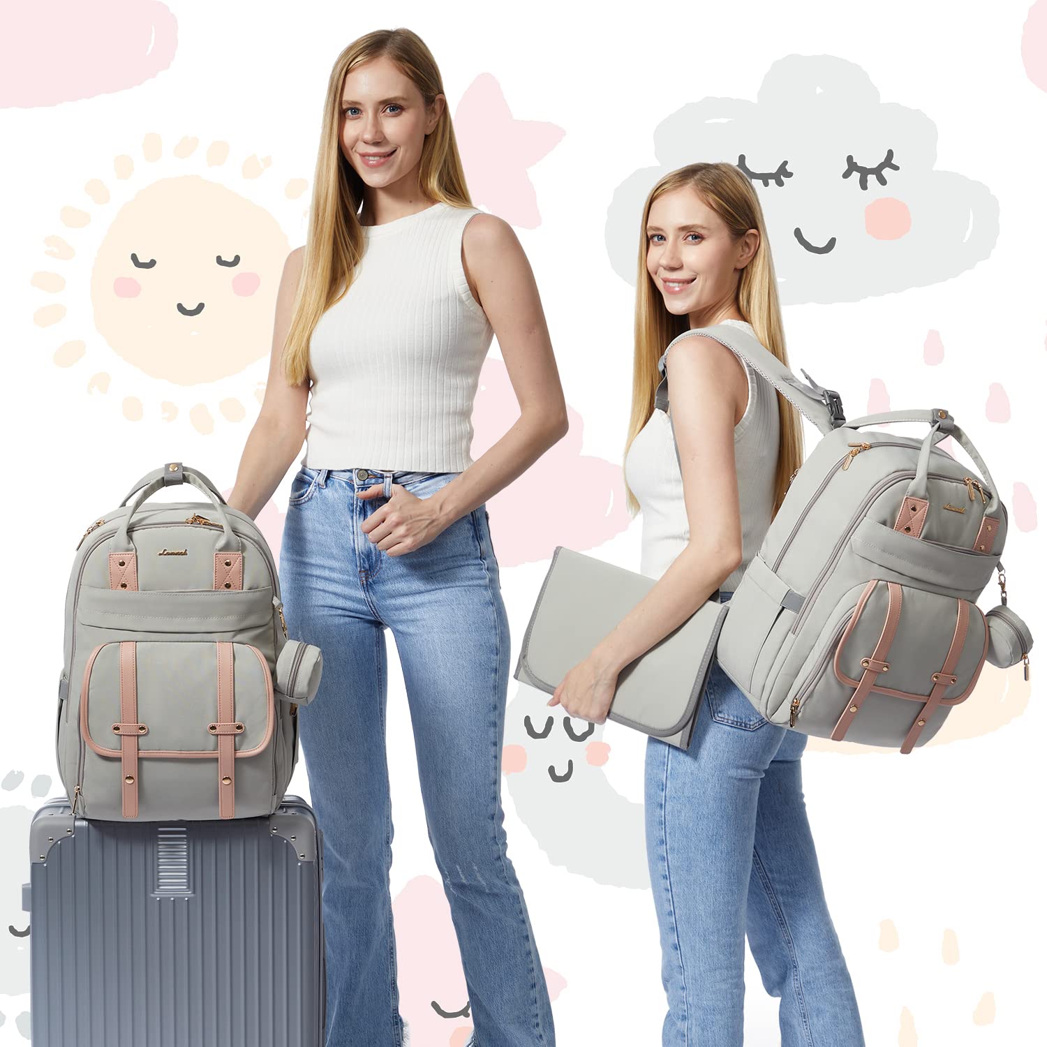 LOVEVOOK Diaper Bag Backpack, Multifunction Baby Bags for Girls, Large Travel Flap Diaper Backpack Nappy Bag with Pacifier Case & Stroller Straps, Diaper Bag with Changing Pad for Baby, Grey Pink