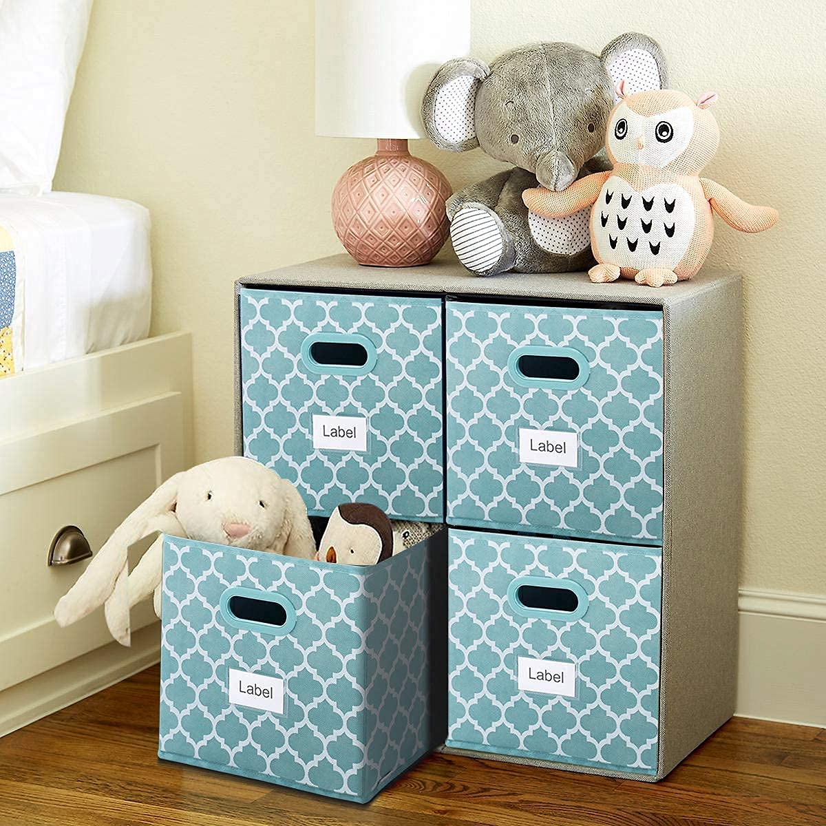 homyfort Foldable Cube Storage Bins 11x11 inches, Fabric Storage Bin Baskets Box Organizer with Labels and Dual Plastic Handles for Shelf Closet, Nursery, Set of 12 (Blue and Grey)
