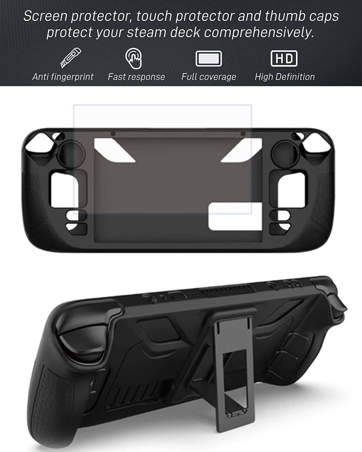 Kickstand Protective Case for Steam Deck, PC/TPU Cover Protector with Stand Base, Protective Cover Case Compatible with Valve Steam Deck Shock-Absorption, Non-Slip and Anti-Scratch Design (Black)