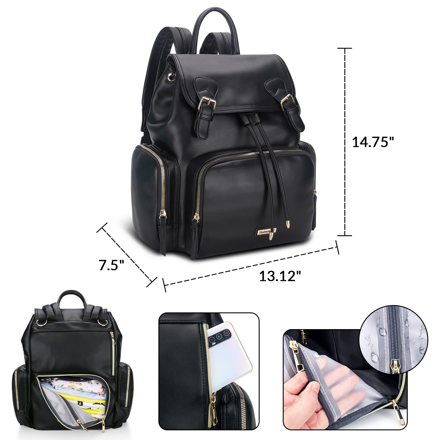 Hafmall Diaper Bag Backpack, Leather Diaper Backpack with 4 Insulated Pockets for Mom Dad, Stylish Baby Bag with Stroller Hooks, Travel Backpack for Mommy, Black Maternity Bag