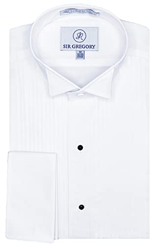 Sir Gregory Men's Fitted Tuxedo Shirt with Wing Collar French Cuffs and 1/4 Inch Pleat White Size S, 14-14.5 Neck 32/33 Sleeve