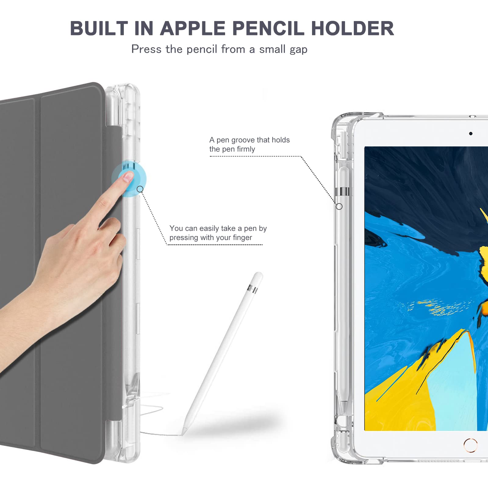 LRCXL Case Compatible with iPad 10.2 Inch 2021/2020 iPad 9th/8th Generation & 2019 iPad 7th Generation with Pencil Holder, Protective Case with Soft Clear TPU Back, Auto Sleep/Wake Cover(Black)