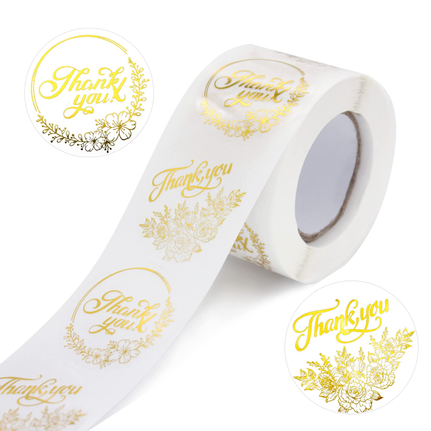 Gold Foil Thank You Stickers Roll for Small Business 500 Pcs Round Clear Wedding Stickers 2 Designs Glitter Flowers Seal Stickers Labels 1.5 Inch