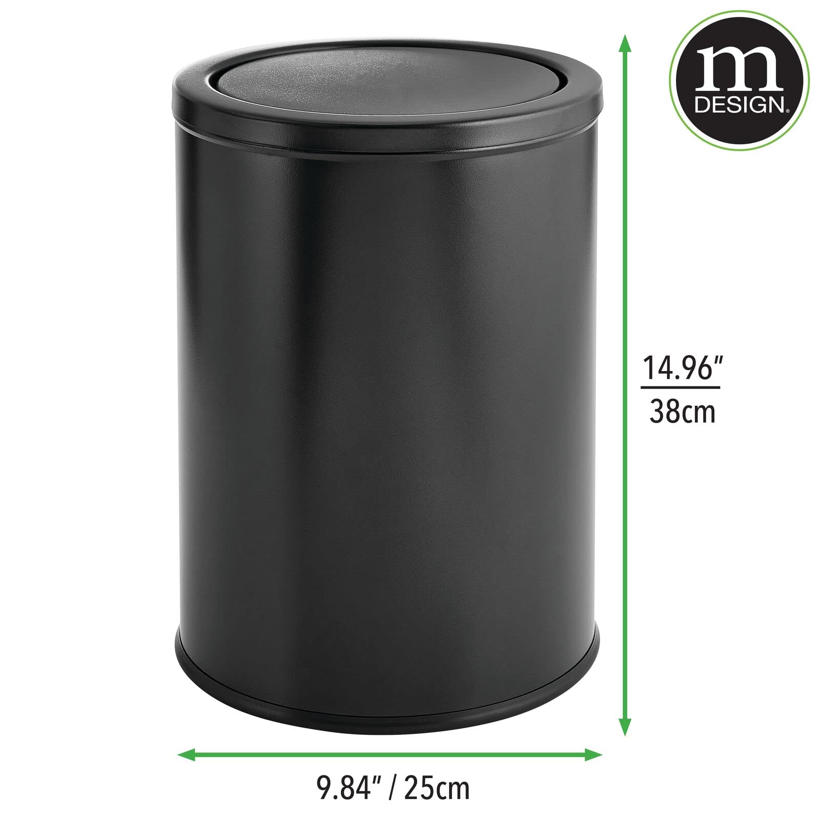 mDesign Small Round Metal 4.8 Gallon Covered Bathroom Garbage Swing Lid Trash Can Waste Basket Bin for Bathroom, Bedroom, Kitchen, Craft Room, Office, Laundry Room, Garage - Black