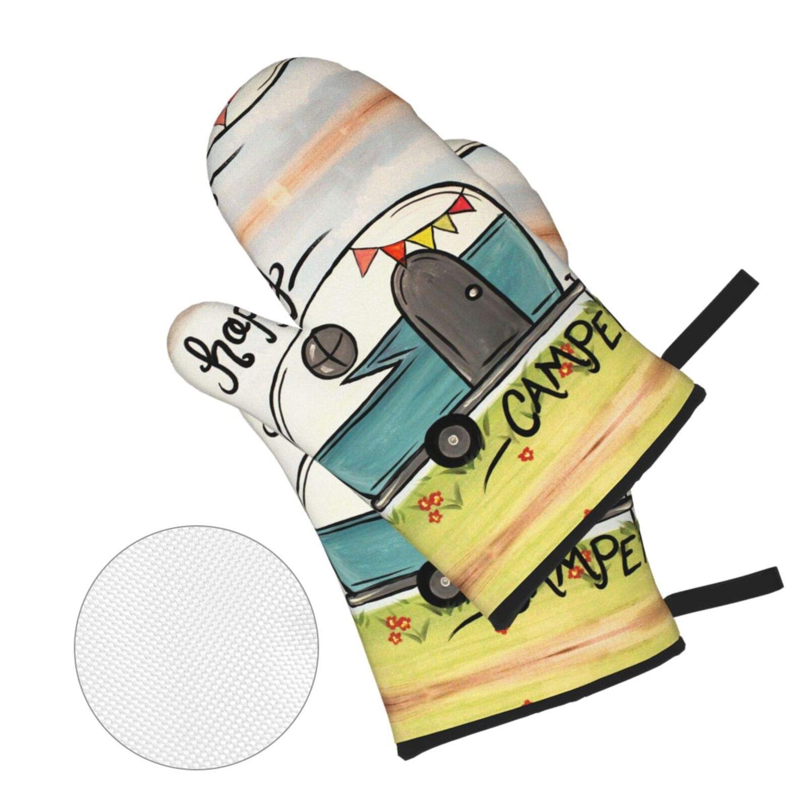 Happy Camper Oven Mitts and Pot Holders Sets of 4,Resistant Hot Pads with Polyester Non-Slip BBQ Gloves for Kitchen,Cooking,Baking,Grilling