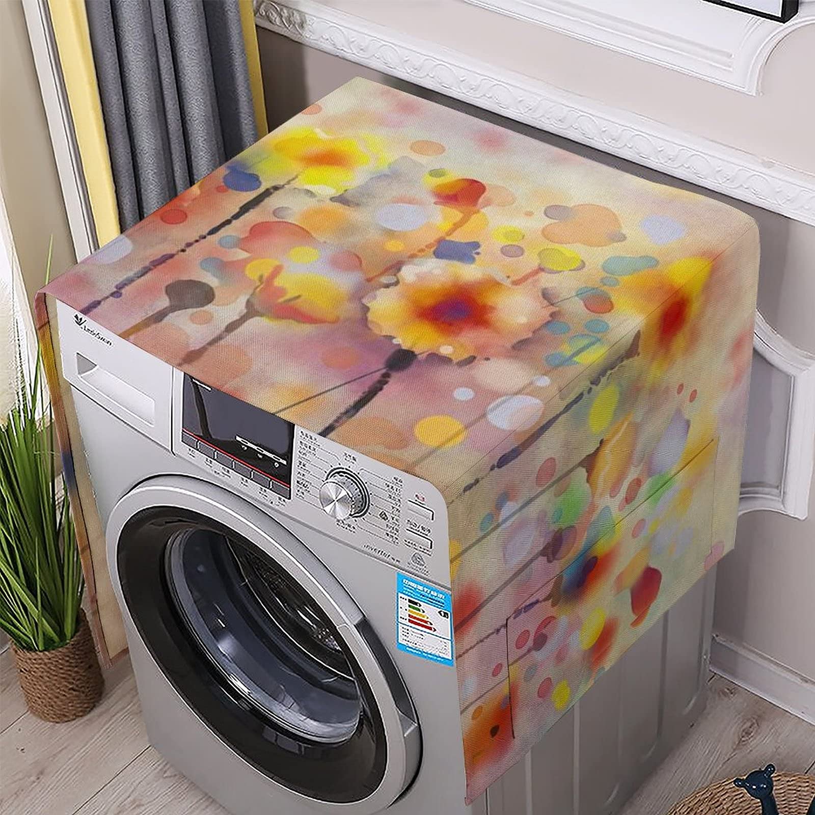 Hon-Lally Watercolor Poppy Flower Smudging Art Design Pattern Washing Machine Dryer Top Cover Refrigerator Dust-Proof with Storage Pockets Bags Sunscreen Kitchen Christmas Decor, White, One size