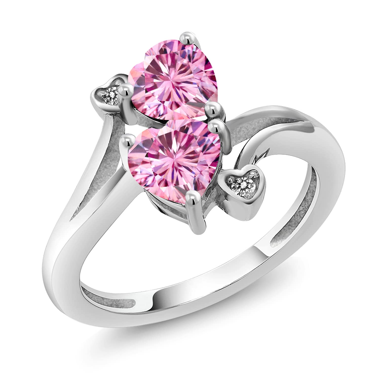 Gem Stone King 925 Sterling Silver Pink Moissanite and White Diamond Ring For Women (1.63 Cttw, Heart Shape 6MM, Gemstone Birthstone, Available In Size 5, 6, 7, 8, 9)