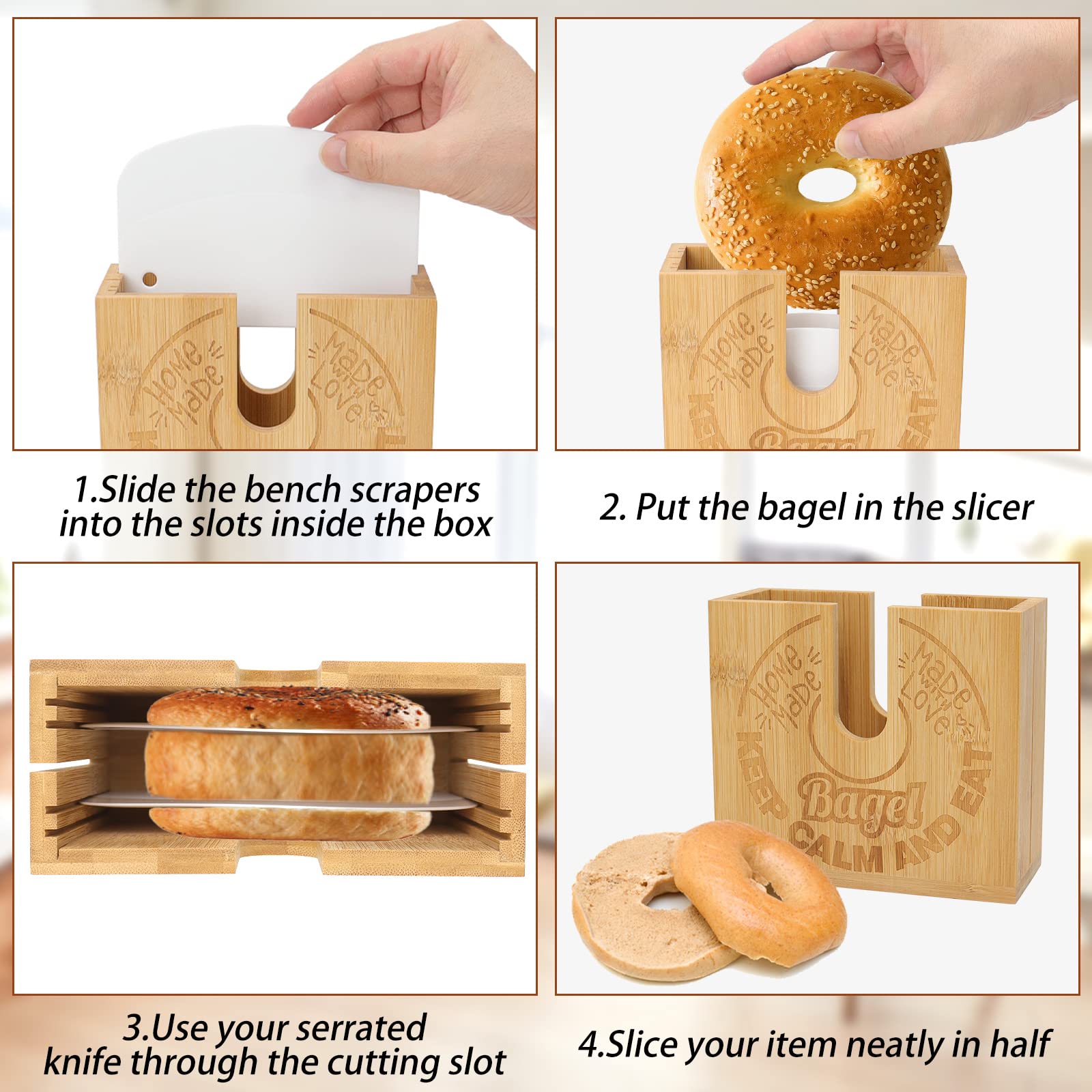 FunisFun Wood Bagel Cutter Slicer for Small and Large Bagels Adjustable Bamboo Bagel Holder with Silicon Hamburger Holder for Bread Slicing