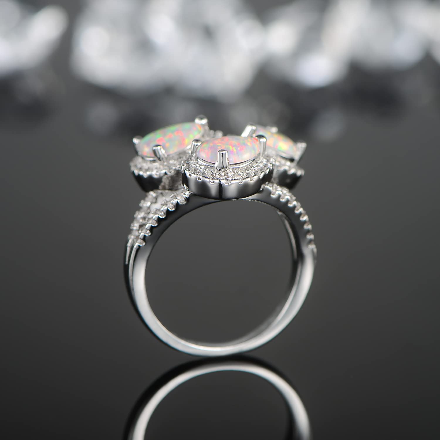Gemsme Opal Cocktail Ring, 18K White Gold Plated Pear Fire Opal Statement Ring Halo Teardrop Birthstone Ring for Women (6)