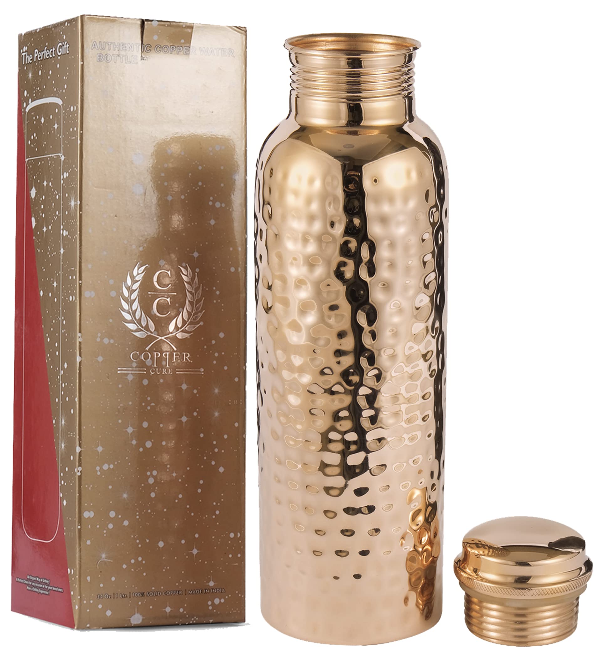 Pure Copper Bottle - 100% Solid Handcrafted Copper Hammered Bottle, Capacity 34 Oz/1000 ML - Copper Bottle for Home, Office, Hotel and Gifting