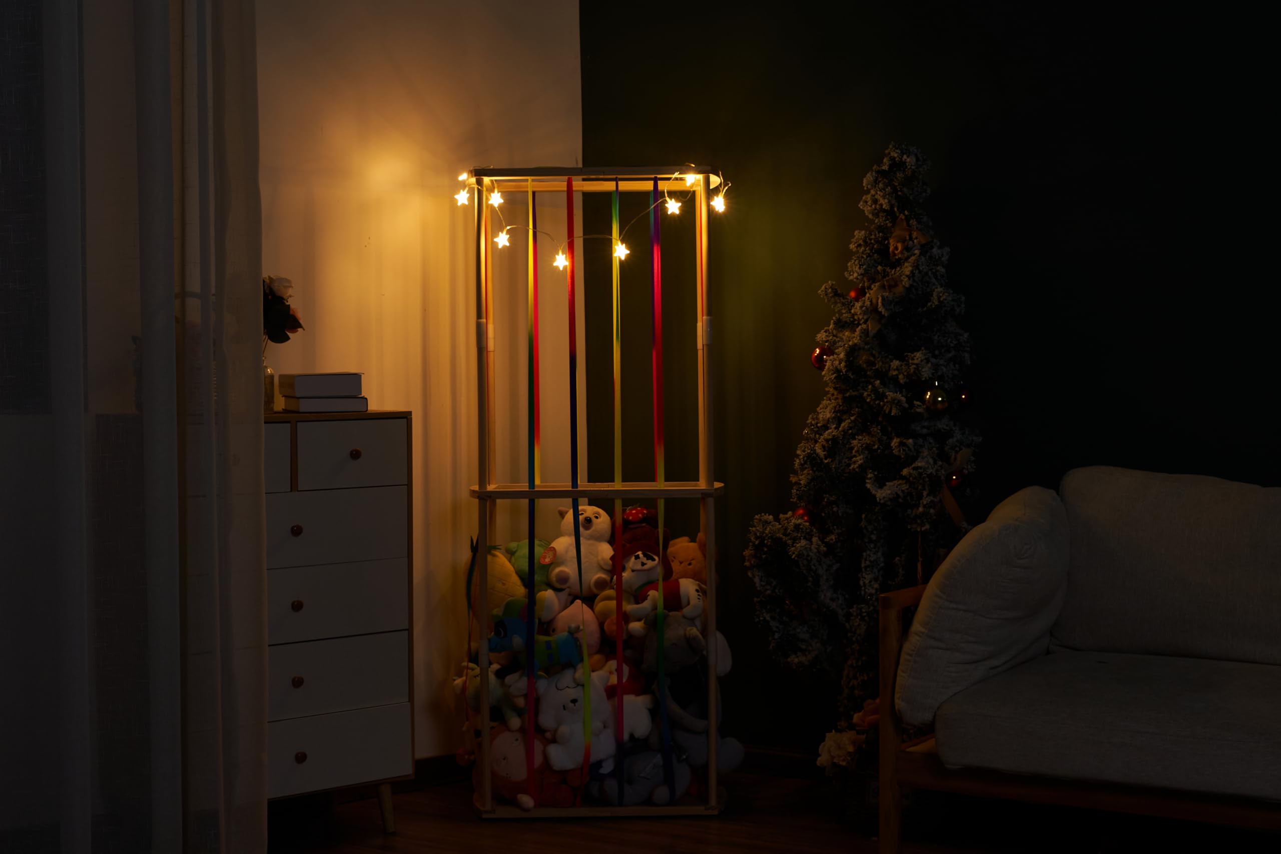 HAHASOLE Stuffed Animal Toy Storage Organizer, 59" Tall Wooden Large Stuffed Animal Holder with Rainbow Elastic Rope and Star String Lights, Zoo Cage for Nursery, Play Room, Bedroom…