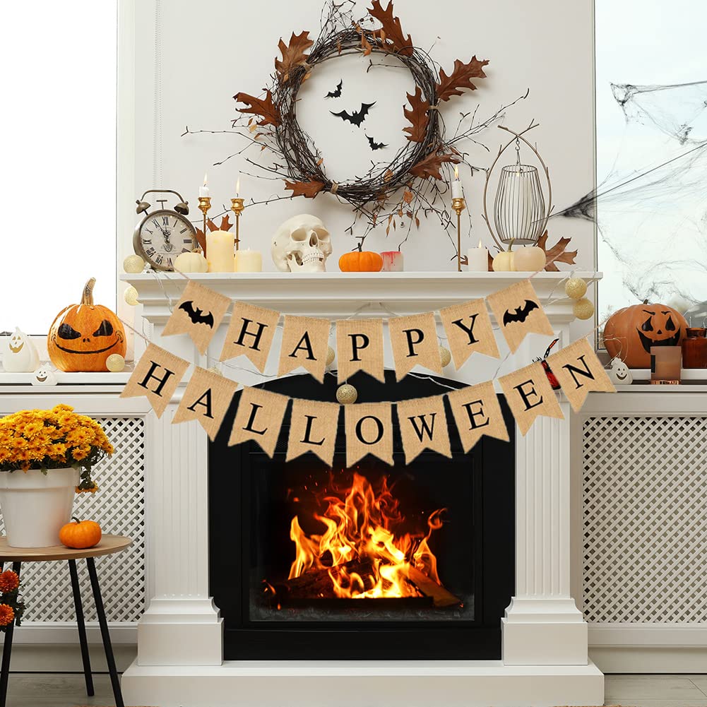 Happy Halloween Burlap Banner Decor, 16Pcs Linen Bunting Hanging Banner Ornaments Halloween Home Party Wall Decoration Supplies