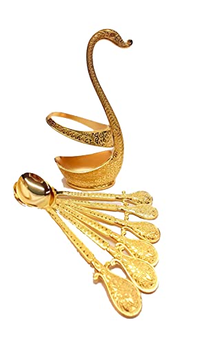 German Gold Plated 1 PC S Swan Duck With 6 Pcs Tea Spoon Set For Home And Kitchen Decorative Swan Base Holder Spoons for Coffee, Fruit,Dessert,Stirring, Mixing Sugar, By ORNATE INTERNATIONAL.